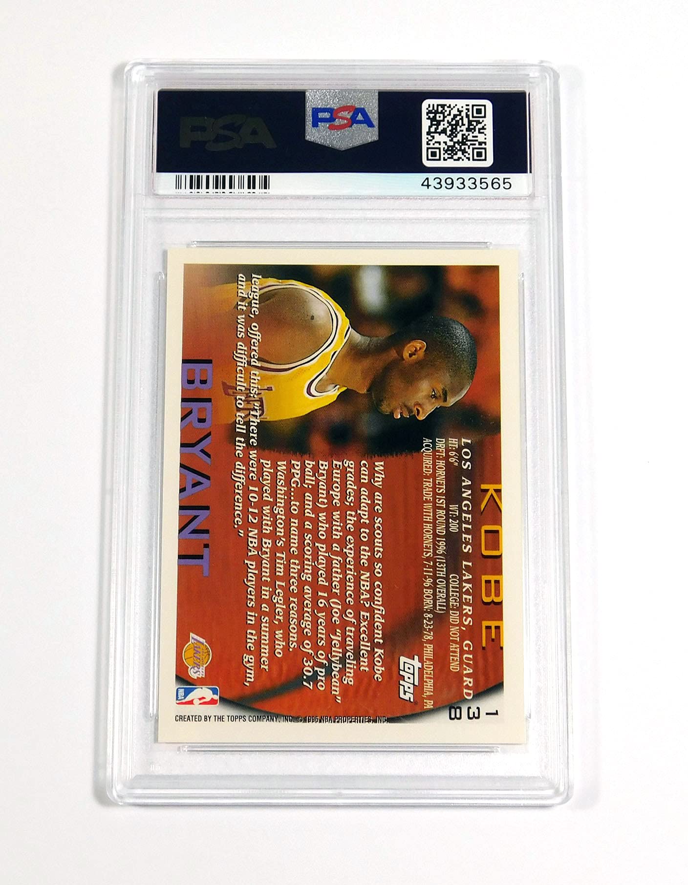 1996-97 Topps Kobe Bryant #138 Rookie PSA 10 Basketball Graded Card