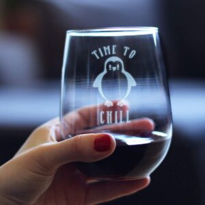 Time to Chill - Stemless Wine Glass - Funny Cute Penguin Themed Gifts and Decor - Large 17 oz