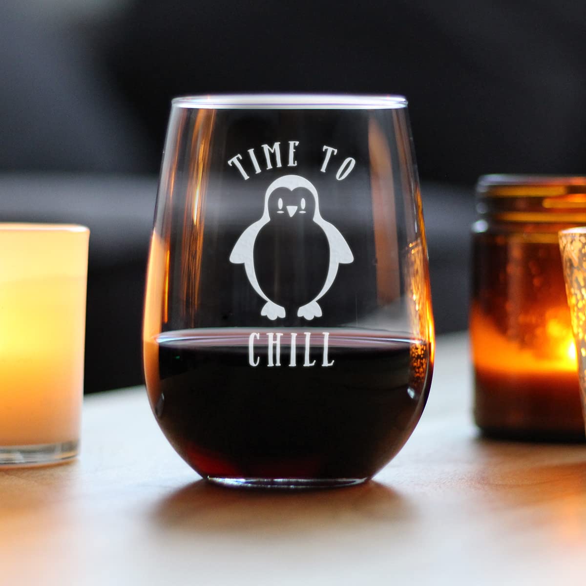 Time to Chill - Stemless Wine Glass - Funny Cute Penguin Themed Gifts and Decor - Large 17 oz