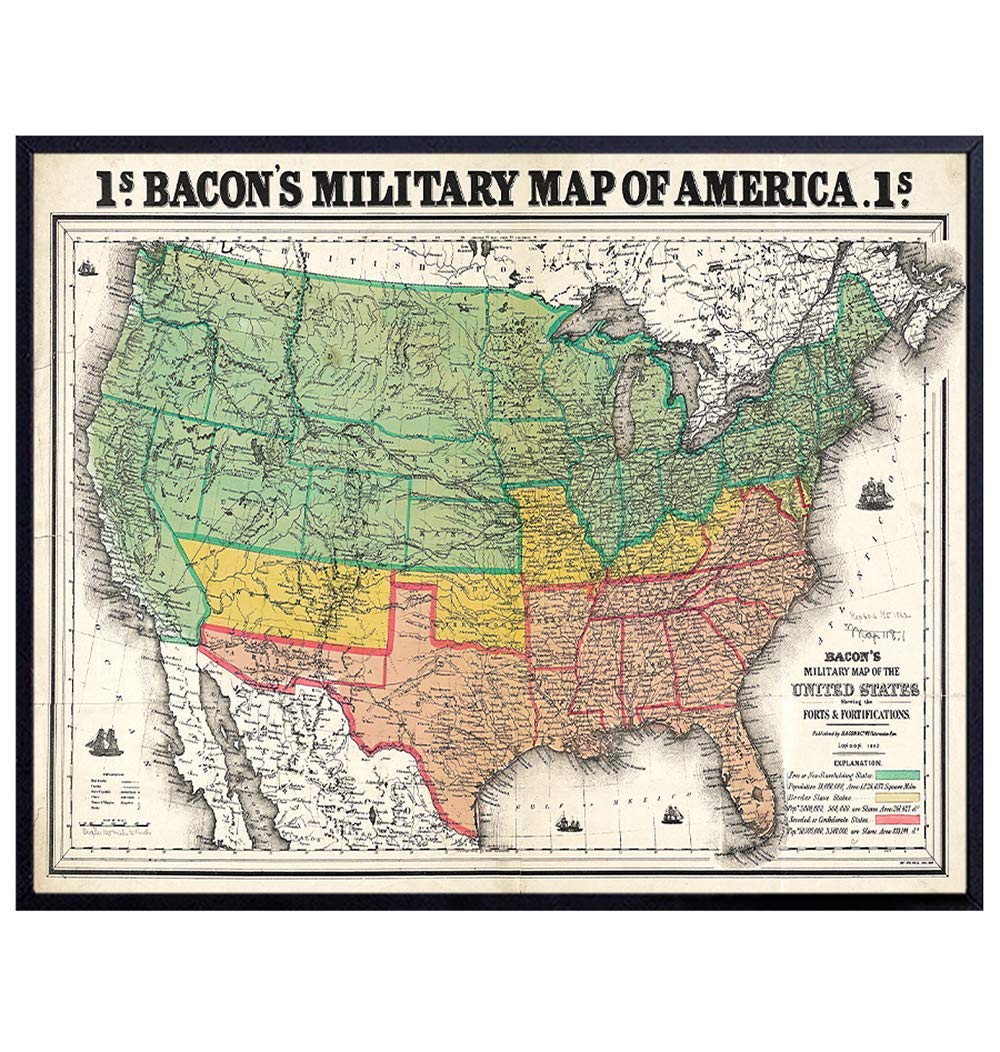 Civil War Memorabilia - The Civil War - American Civil War Poster - 8x10 Southern States Confederacy Vintage Map Replica - The Confederate Secession - Americana - American US Map - Historic Wall Art