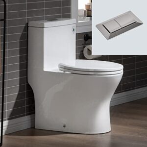 woodbridge short compact tiny dual flush 1.28 gp one piece toilet,with soft closing seat,1000 gram map flushing score small toilet with brushed nickel button b0500-bn, white