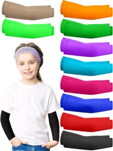 geyoga 10 pairs kids arm sleeves sun protection cooling uv protection sleeves anti-slip ice silk arm covers for boys and girls (mixed colors, m size)