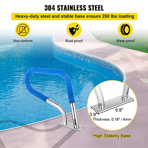 VEVOR Pool Rail 30x22 Pool Railing 304 Stainless Steel 250LBS Load Capacity Silver Rustproof Pool Handrail Humanized Swimming Pool Handrail with Blue Grip Cover & M8 Drill Bit & Self-Taping Screws