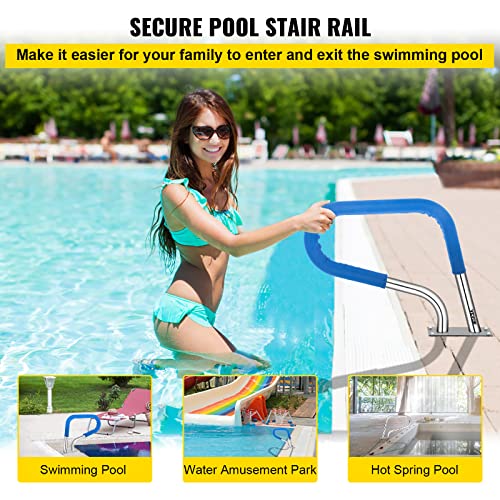 VEVOR Pool Rail 30x22 Pool Railing 304 Stainless Steel 250LBS Load Capacity Silver Rustproof Pool Handrail Humanized Swimming Pool Handrail with Blue Grip Cover & M8 Drill Bit & Self-Taping Screws