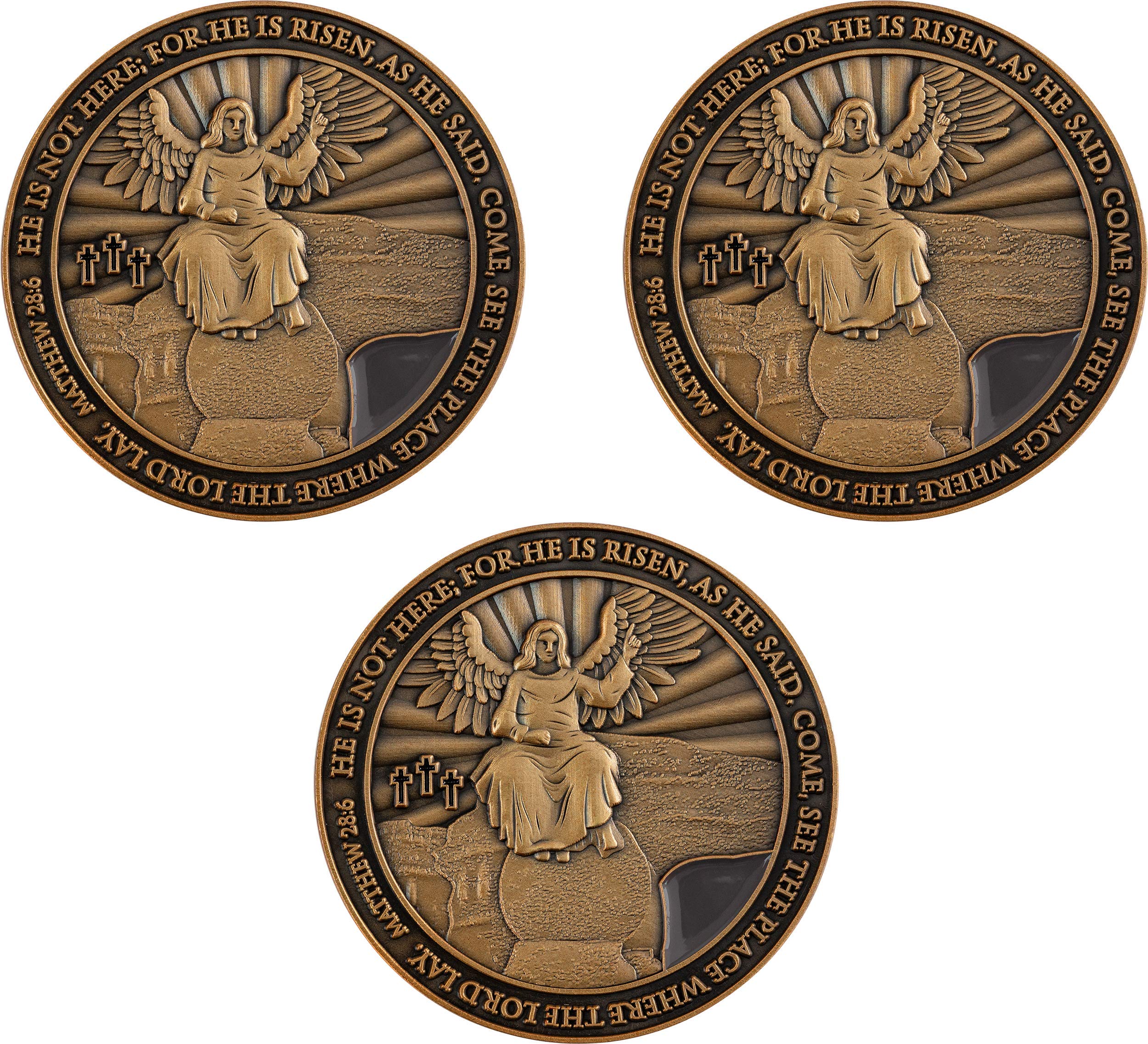 Easter Resurrection Coin, He is Risen, Bulk Pack of 3, Handout for Church Service, Christ is Alive & Empty Tomb, Jesus Son of God Challenge Coin, Religious Antique Gold-Color Plated Prayer Token Gift