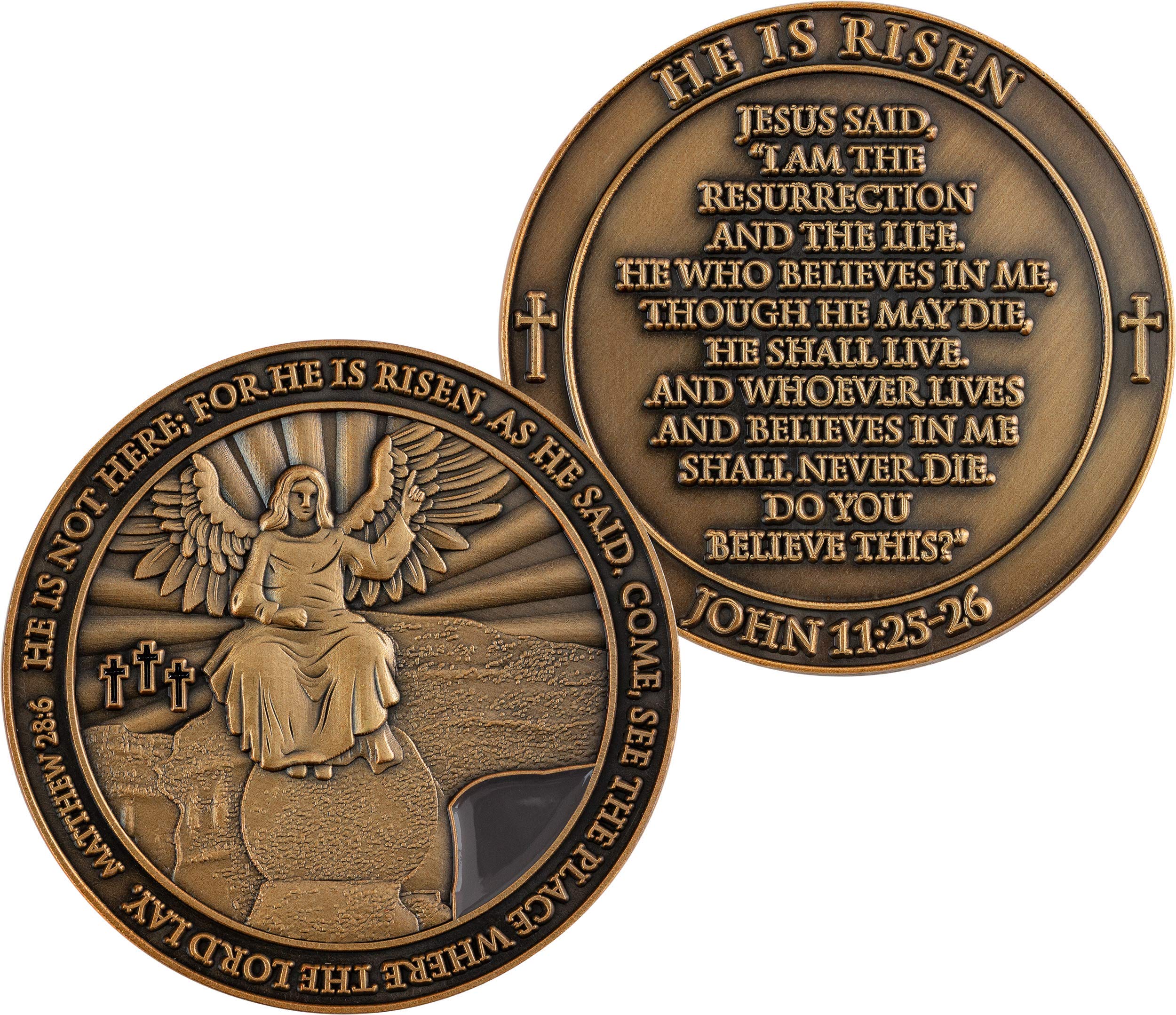 Easter Resurrection Coin, He is Risen, Bulk Pack of 3, Handout for Church Service, Christ is Alive & Empty Tomb, Jesus Son of God Challenge Coin, Religious Antique Gold-Color Plated Prayer Token Gift