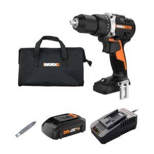 worx nitro 20v 1/2" cordless brushless drill driver 535 in-lbs. torque and heavy-duty 1/2" chuck, drill set with storage bag, cordless drill power share compatible wx102l – battery & charger included