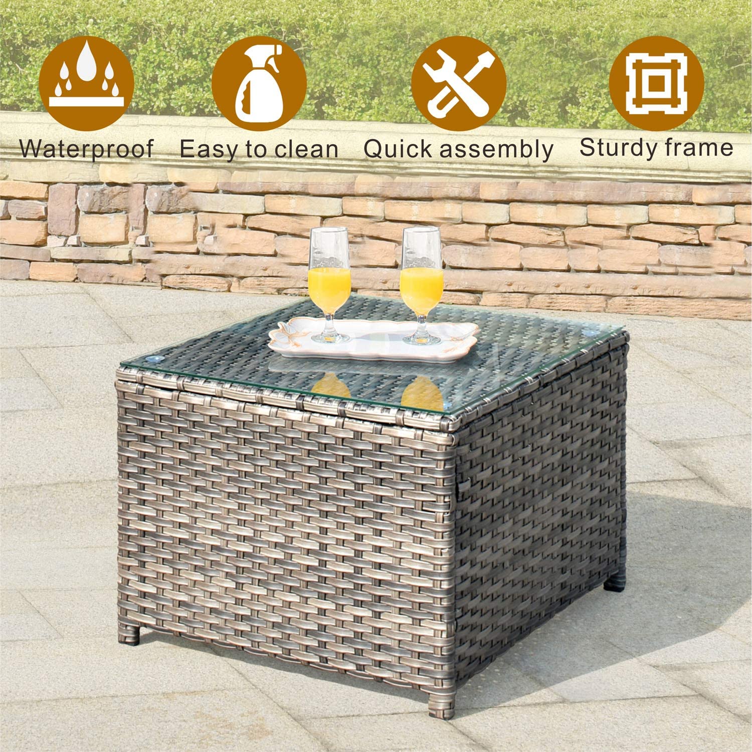 ovios Patio Coffee Table Outdoor Table Wicker Rattan Patio Table with Glass Top Garden Tea Table Side Table for Yard Garden Porch, Grey Wicker