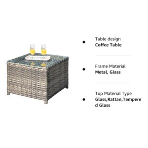 ovios Patio Coffee Table Outdoor Table Wicker Rattan Patio Table with Glass Top Garden Tea Table Side Table for Yard Garden Porch, Grey Wicker