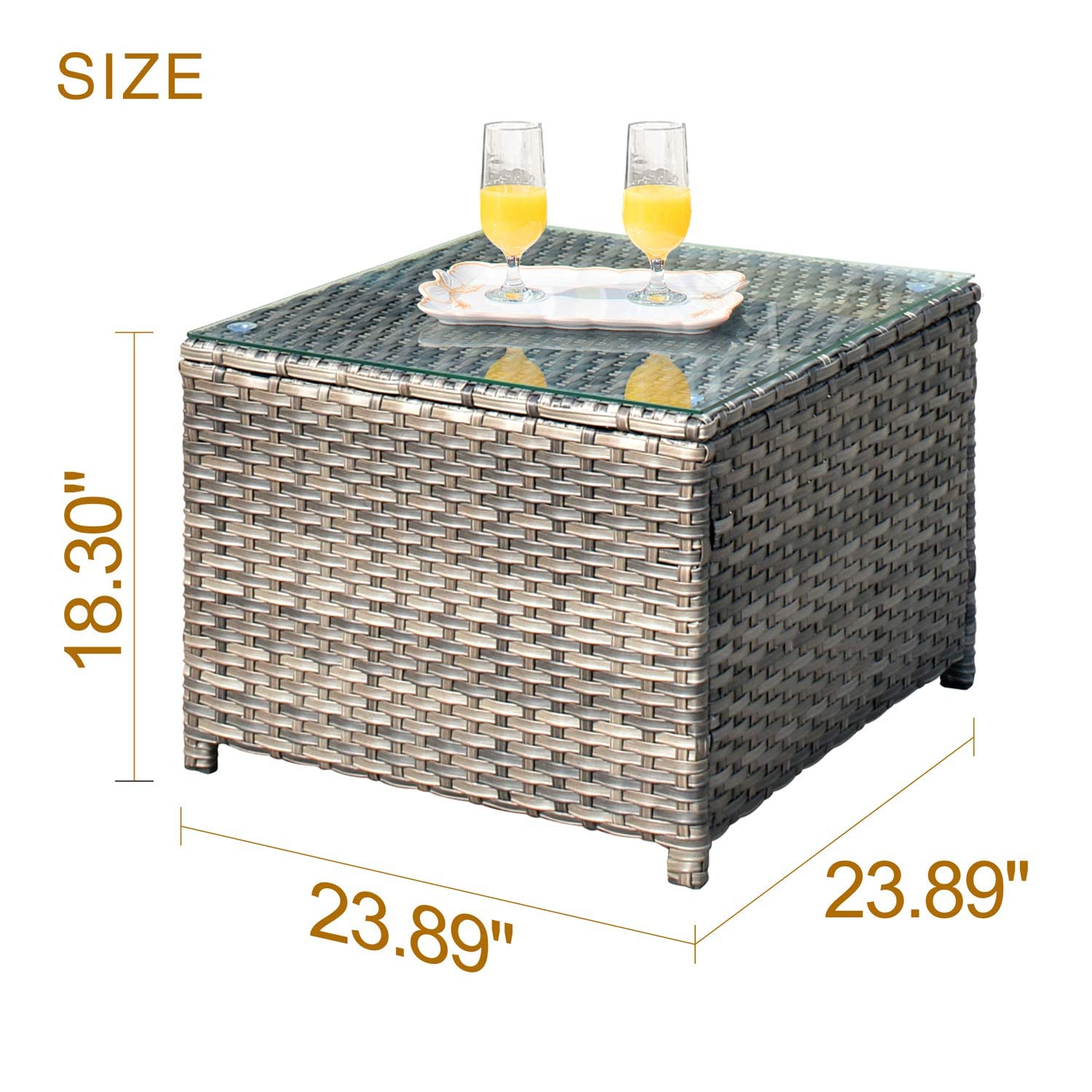 ovios Patio Coffee Table Outdoor Table Wicker Rattan Patio Table with Glass Top Garden Tea Table Side Table for Yard Garden Porch, Grey Wicker