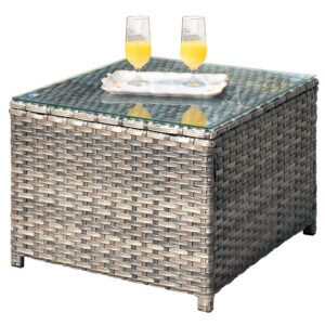 ovios Patio Coffee Table Outdoor Table Wicker Rattan Patio Table with Glass Top Garden Tea Table Side Table for Yard Garden Porch, Grey Wicker