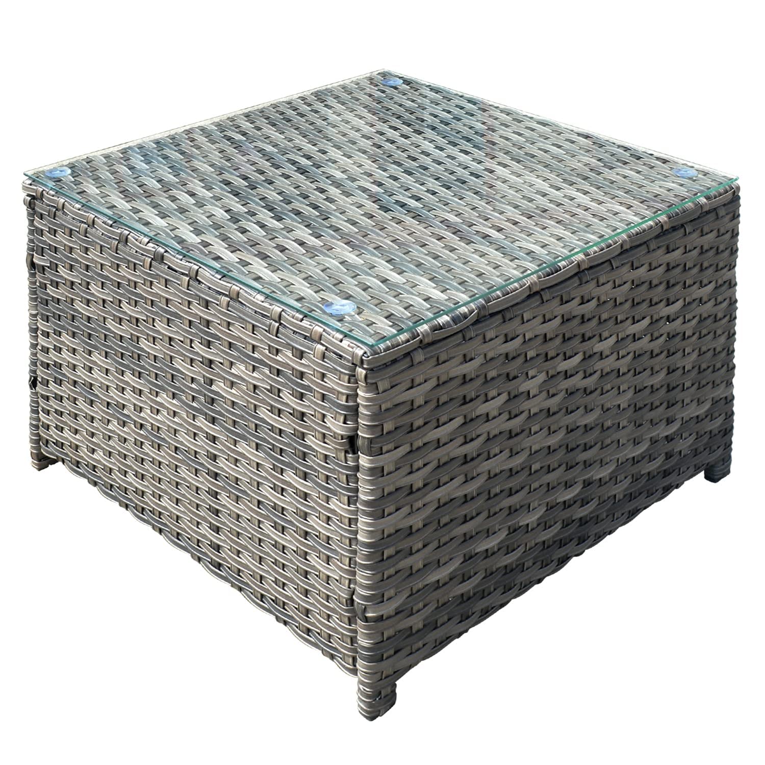 ovios Patio Coffee Table Outdoor Table Wicker Rattan Patio Table with Glass Top Garden Tea Table Side Table for Yard Garden Porch, Grey Wicker