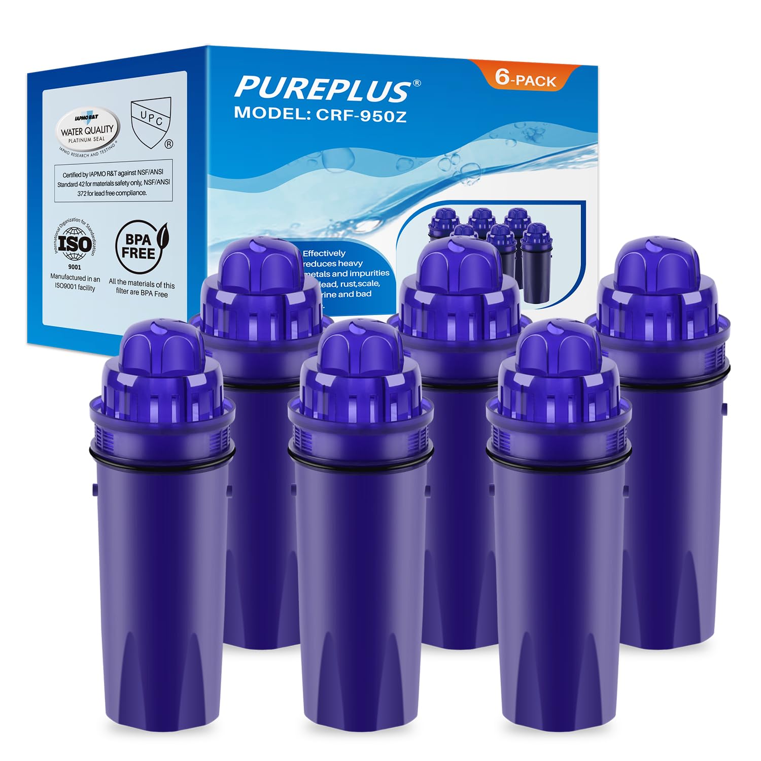 PUREPLUS CRF950Z Pitcher Water Filter Replacement for Pur PPF900Z, PPF951K, PPT700W, CR-1100C, DS-1800Z, CR-6000C, PPT711W, PPT711, PPT710W, PPT111W, PPT111R and All PUR Pitchers and Dispensers,6PACK