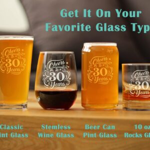 Cheers to 30 Years - Stemless Wine Glass Gifts for Women & Men - 30th Anniversary or Birthday Party Decor - Large 17 Ounce Glasses