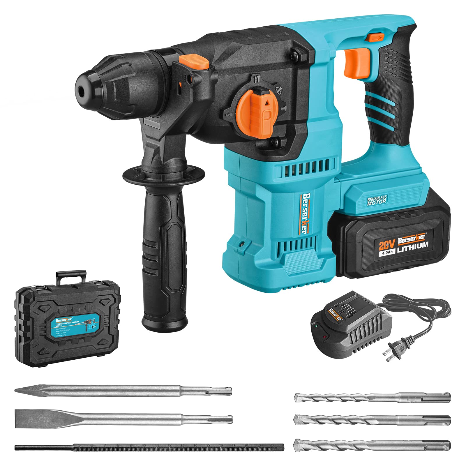 Berserker 20V Cordless 1-1/8" SDS-Plus Brushless Rotary Hammer Drill with Safety Clutch, 4.0Ah Lithium-Ion Battery Operated and Super Fast Charger, 4 Functions Variable Speed Rotomartillo for Concrete