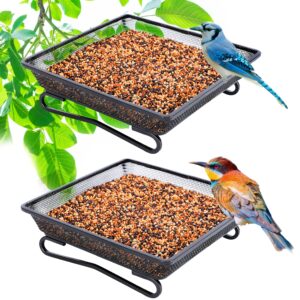 feed garden 2 pack platform ground bird feeder tray, metal mesh seed tray for feeding birds, garden decoration for wild birds and squirrels, size 7 x 7 x 2.2 inches