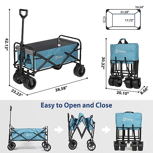 Sekey Heavy Duty Foldable Wagon with 220lbs Weight Capacity, Collapsible Folding Utility Garden Cart with Big All-Terrain Beach Wheels & Drink Holders.Light Blue