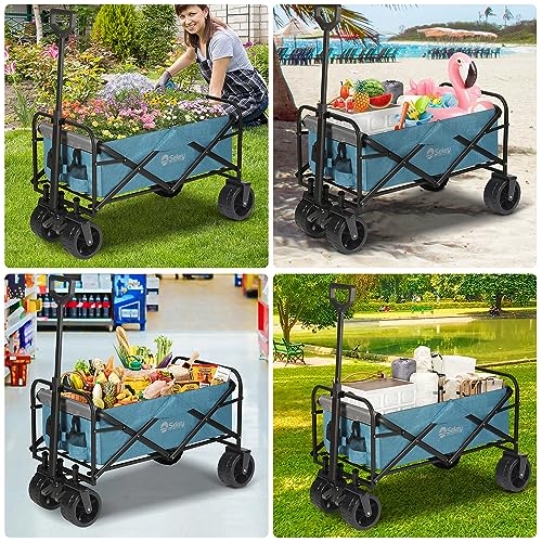 Sekey Heavy Duty Foldable Wagon with 220lbs Weight Capacity, Collapsible Folding Utility Garden Cart with Big All-Terrain Beach Wheels & Drink Holders.Light Blue