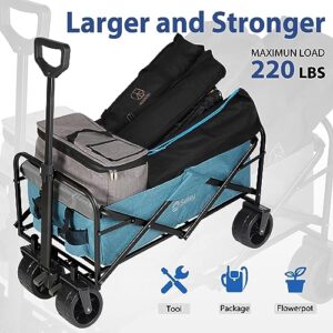 Sekey Heavy Duty Foldable Wagon with 220lbs Weight Capacity, Collapsible Folding Utility Garden Cart with Big All-Terrain Beach Wheels & Drink Holders.Light Blue