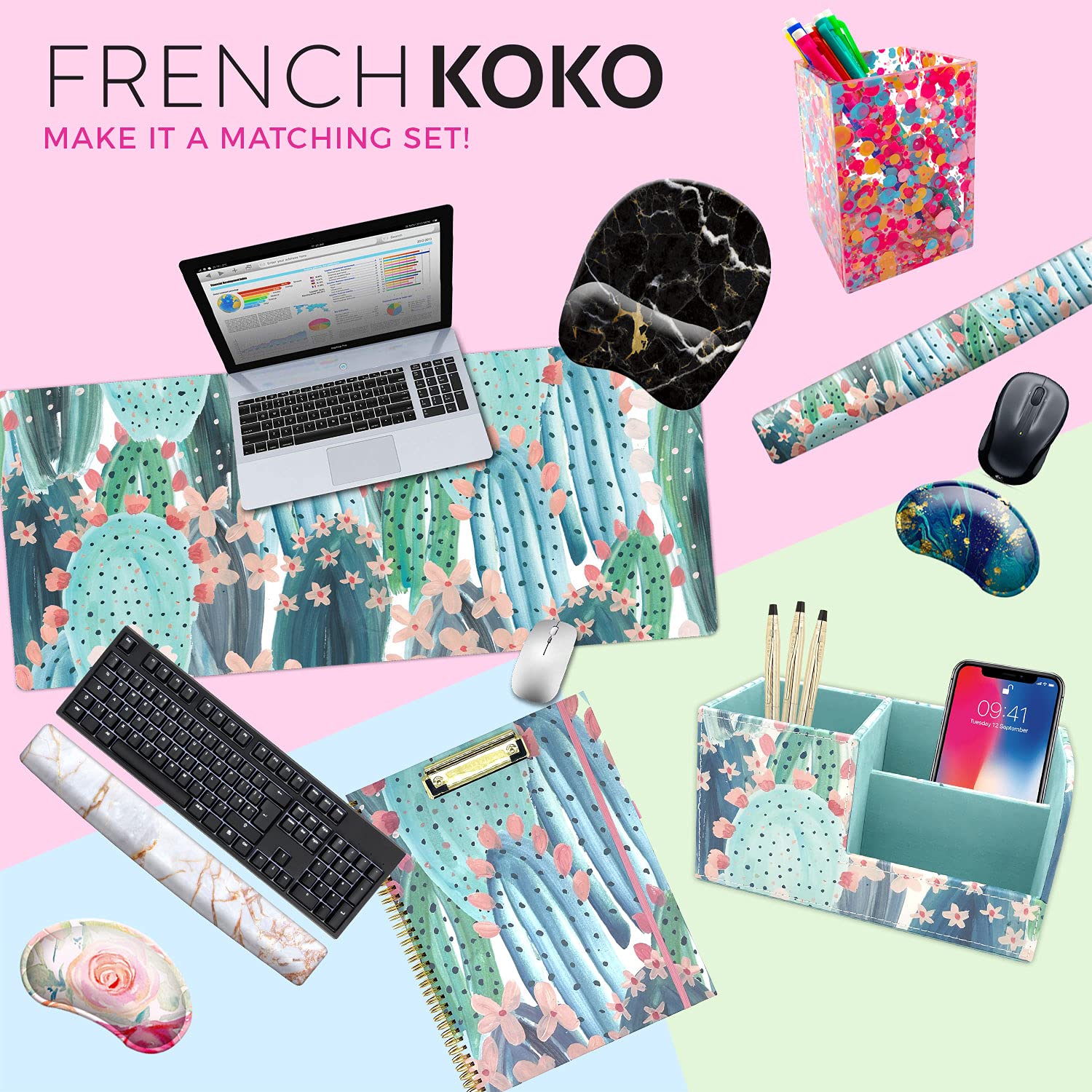 French Koko Large Mouse Pad, Desk Mat, Keyboard Pad, Desktop Home Office Decor School Essentials College Cute Extended Laptop Protector Accessories Pretty Mousepad Women Girls Big Marble Purple