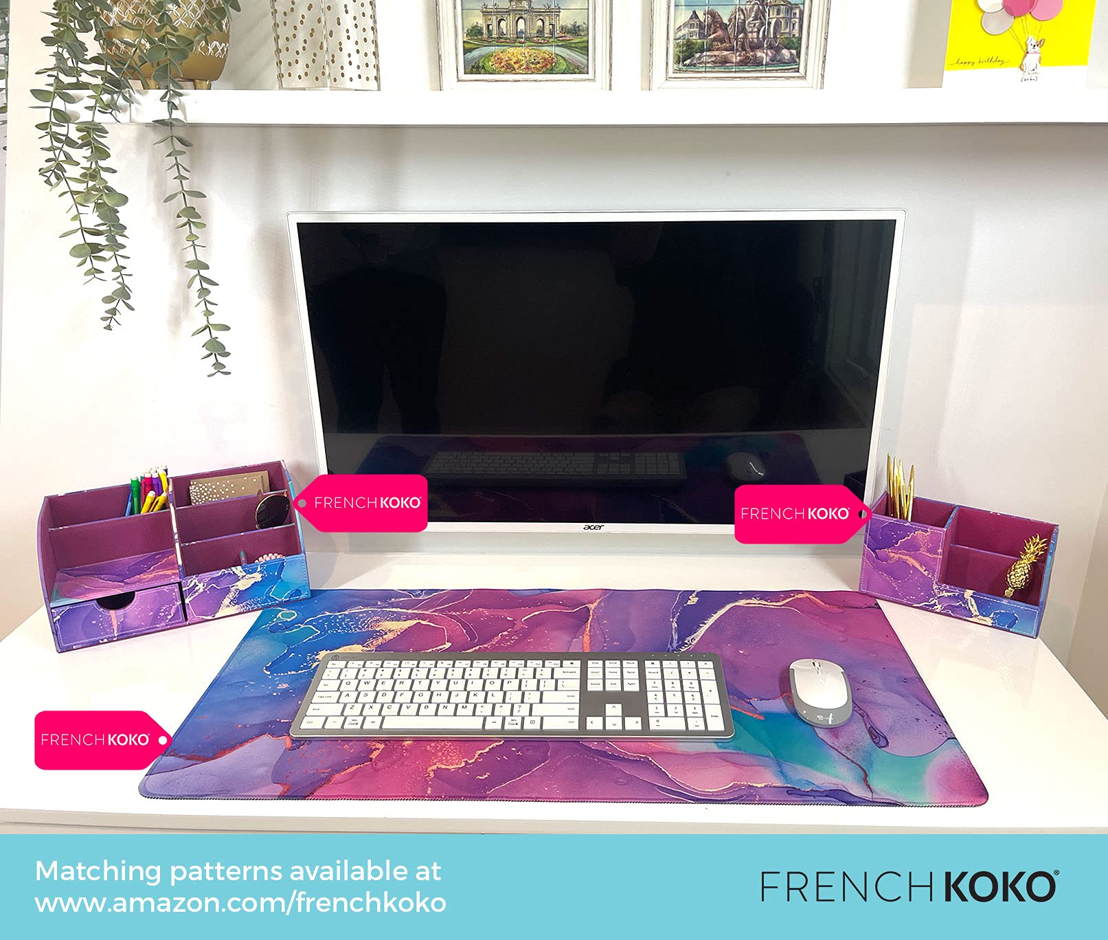 French Koko Large Mouse Pad, Desk Mat, Keyboard Pad, Desktop Home Office Decor School Essentials College Cute Extended Laptop Protector Accessories Pretty Mousepad Women Girls Big Marble Purple