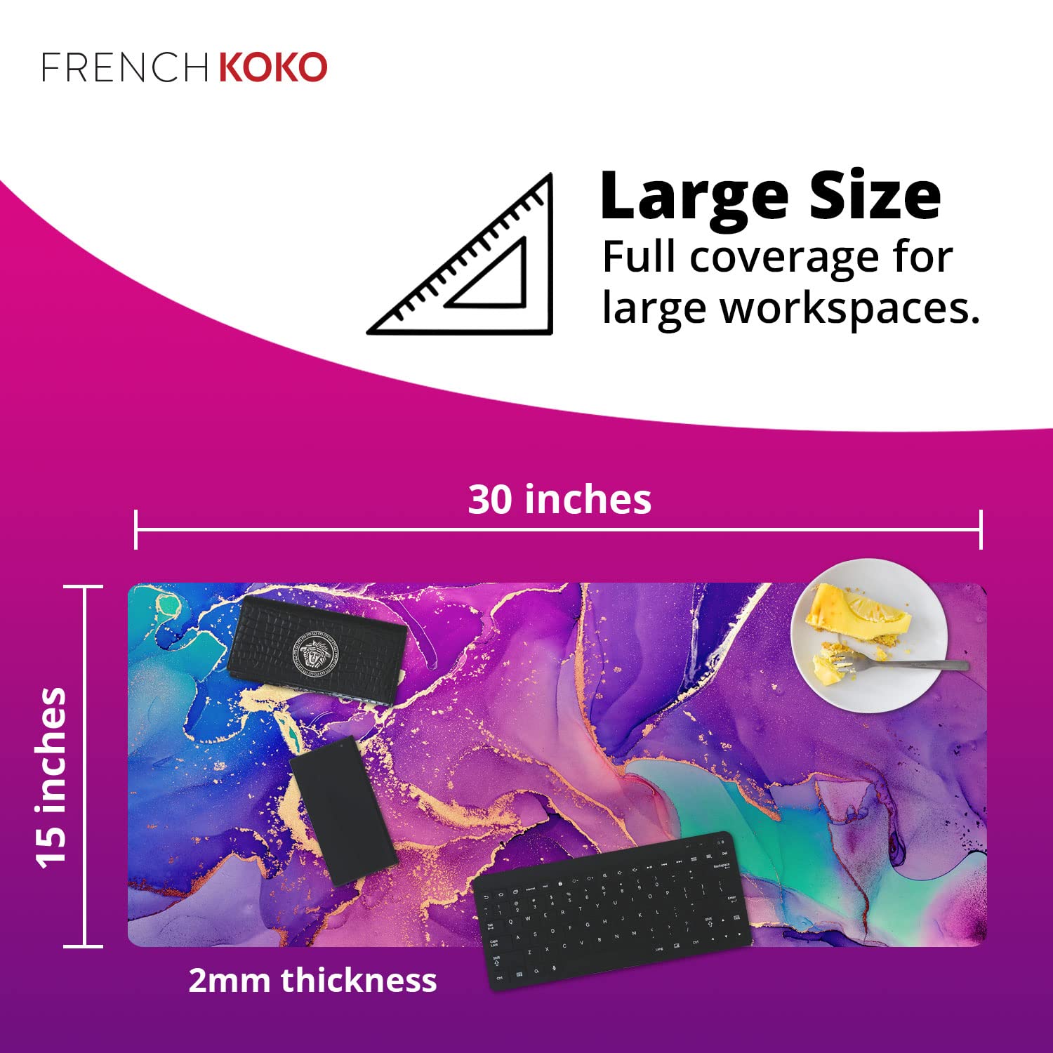 French Koko Large Mouse Pad, Desk Mat, Keyboard Pad, Desktop Home Office Decor School Essentials College Cute Extended Laptop Protector Accessories Pretty Mousepad Women Girls Big Marble Purple