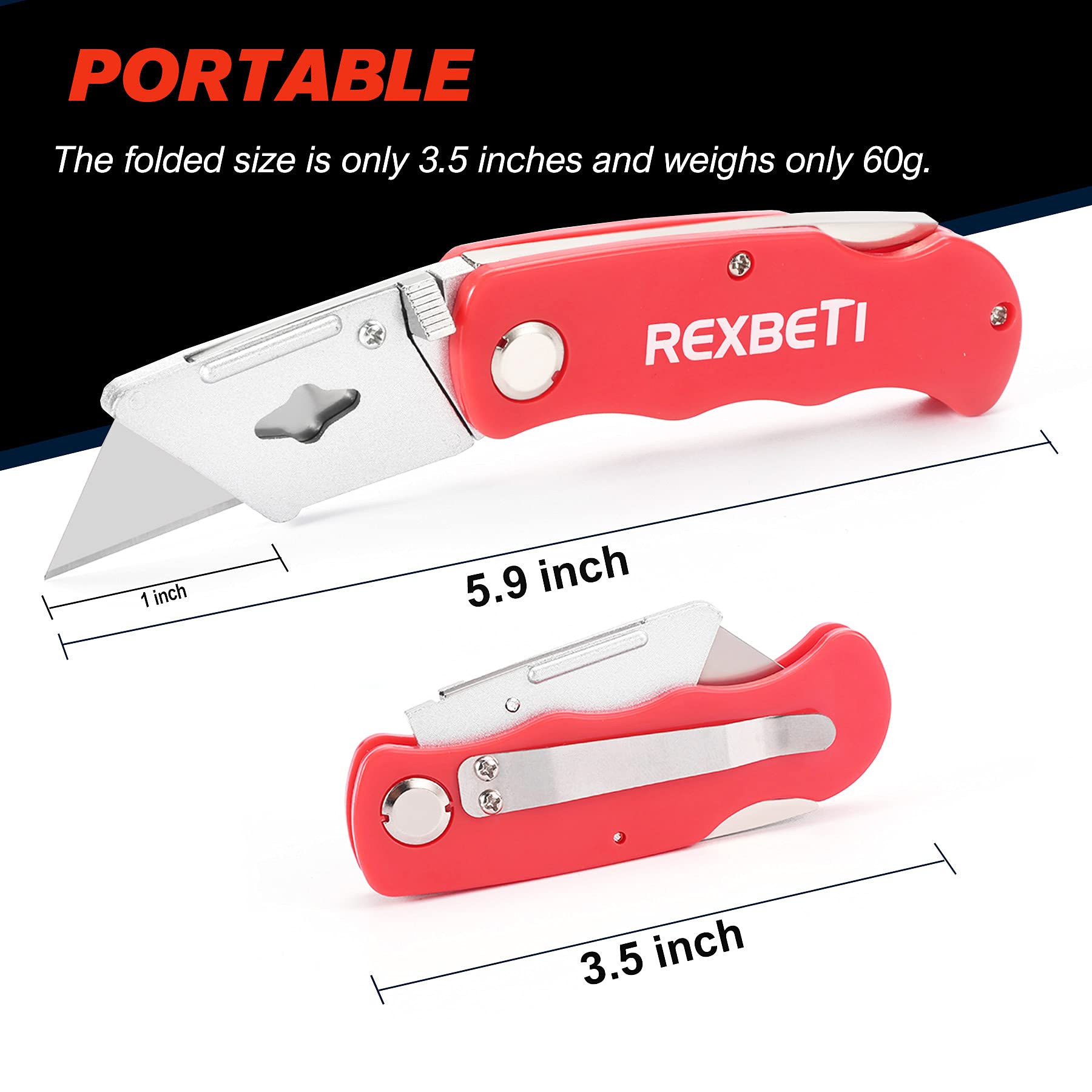 REXBETI 4-Pack Folding Utility Knife Quick-change SK5 Box Cutter for Cartons, Cardboard and Boxes, Back-lock Mechanism with 10 Extra Blades