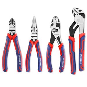 workpro 4-piece pliers set, premium cr-v construction pliers tool sets including long nose, diagonal cutting, groove joint and slip joint pliers（red）