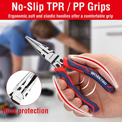 WORKPRO 4-Piece Pliers Set, Premium CR-V Construction Pliers Tool Sets Including Long Nose, Diagonal Cutting, Groove Joint and Slip Joint Pliers（Red）