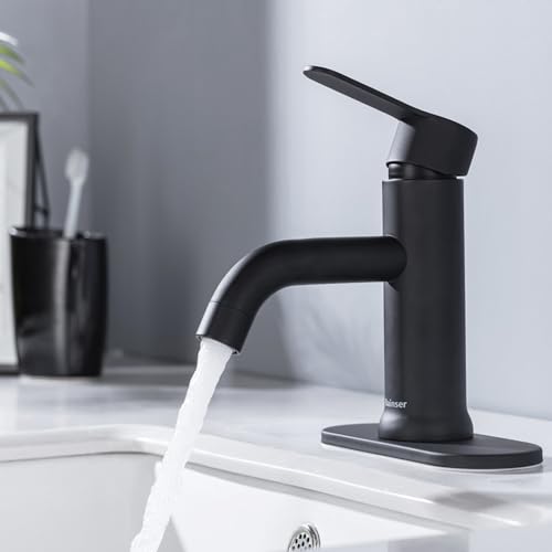 Bainser Single Hole Bathroom Faucet with Removable Aerator, Bathroom Sink Faucet with Deck Plate (1 or 3 Holes Installable), Single Handle Washbasin Faucet, Bathroom Vanity Faucets, Black