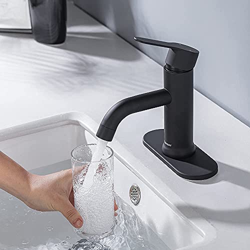 Bainser Single Hole Bathroom Faucet with Removable Aerator, Bathroom Sink Faucet with Deck Plate (1 or 3 Holes Installable), Single Handle Washbasin Faucet, Bathroom Vanity Faucets, Black