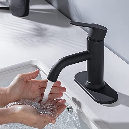 Bainser Single Hole Bathroom Faucet with Removable Aerator, Bathroom Sink Faucet with Deck Plate (1 or 3 Holes Installable), Single Handle Washbasin Faucet, Bathroom Vanity Faucets, Black