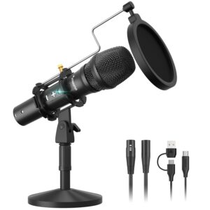 maono usb/xlr podcast dynamic microphone, studio mic kit with volume control, shock mount, pop filter, ideal for vocal, instruments recording, voice over, live streaming (hd300t)