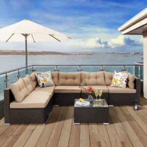 yitahome 7 pieces patio furniture set, all-weather pe rattan conversation set, outdoor sectional sofa wicker outside couch with table for porch lawn garden backyard (brown)