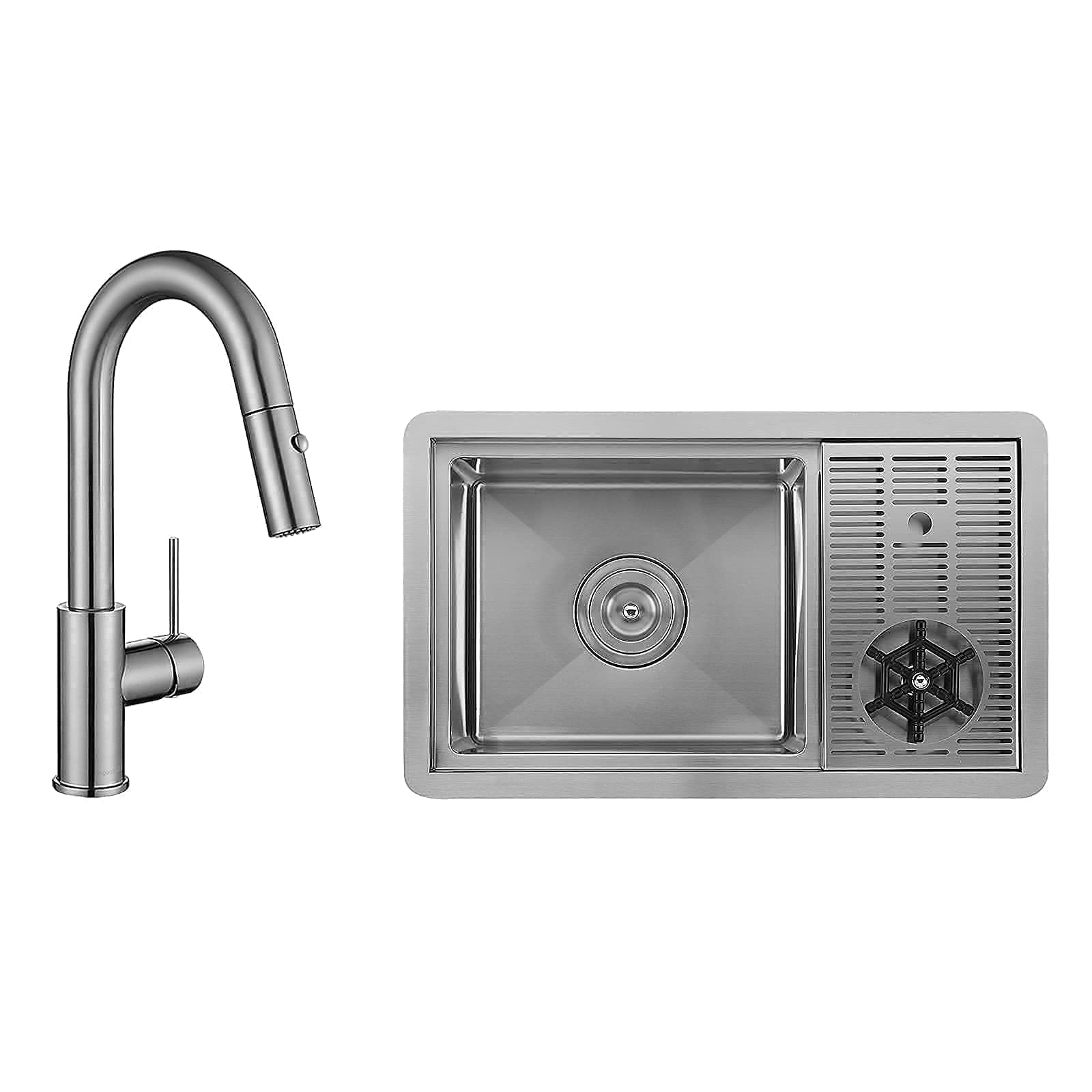 AguaStella AS1514XSS Stainless Steel Bar Sink with Glass Riner and AS59BN Brushed Nickel Pull Down Bar Faucet Combination