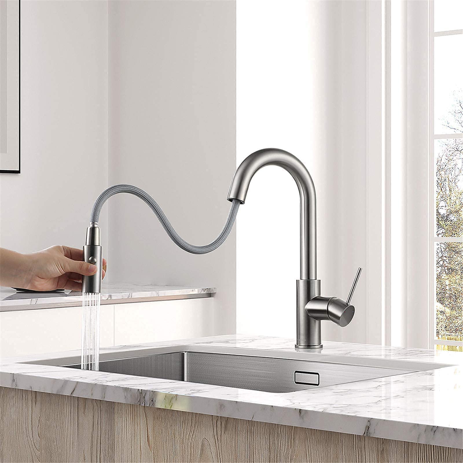 AguaStella AS1514XSS Stainless Steel Bar Sink with Glass Riner and AS59BN Brushed Nickel Pull Down Bar Faucet Combination