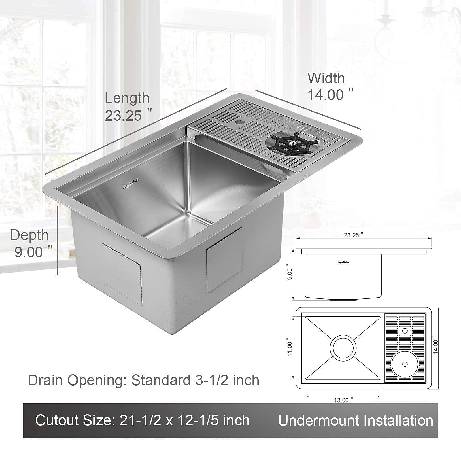 AguaStella AS1514XSS Stainless Steel Bar Sink with Glass Riner and AS59BN Brushed Nickel Pull Down Bar Faucet Combination