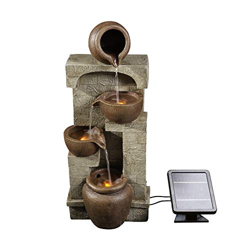 Teamson Home 28 in. Cascading Bowls and Stacked Stones LED Outdoor Water Fountain for Outdoor Living Spaces to Create a Calming Oasis in Gardens and Landscaping, on Patios, Balconies, Lawns, Brown