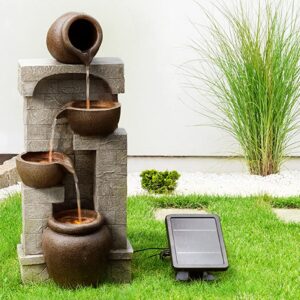 Teamson Home 28 in. Cascading Bowls and Stacked Stones LED Outdoor Water Fountain for Outdoor Living Spaces to Create a Calming Oasis in Gardens and Landscaping, on Patios, Balconies, Lawns, Brown