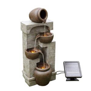 Teamson Home 28 in. Cascading Bowls and Stacked Stones LED Outdoor Water Fountain for Outdoor Living Spaces to Create a Calming Oasis in Gardens and Landscaping, on Patios, Balconies, Lawns, Brown