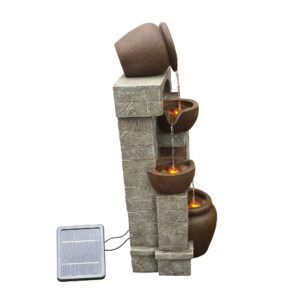 Teamson Home 28 in. Cascading Bowls and Stacked Stones LED Outdoor Water Fountain for Outdoor Living Spaces to Create a Calming Oasis in Gardens and Landscaping, on Patios, Balconies, Lawns, Brown