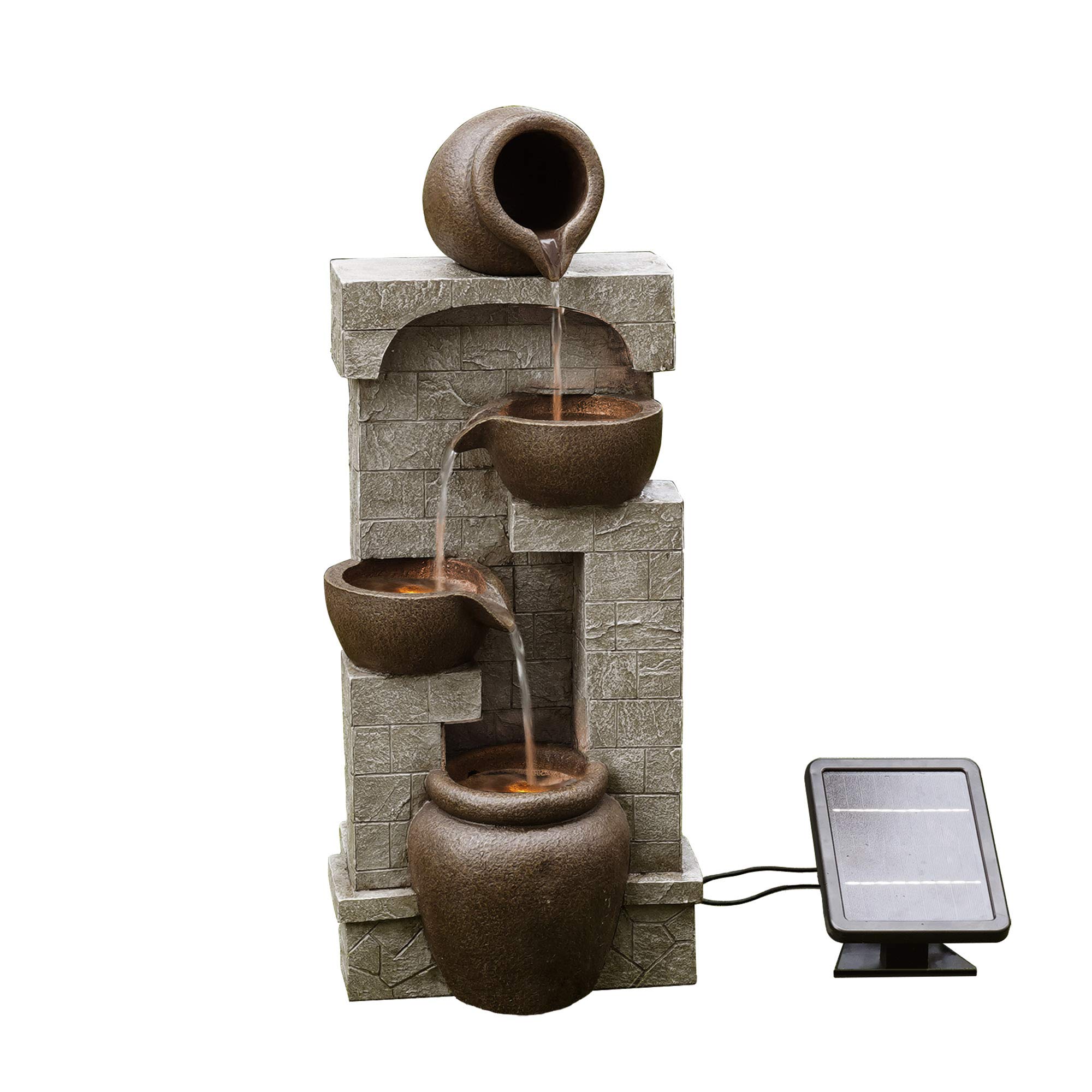 Teamson Home 28 in. Cascading Bowls and Stacked Stones LED Outdoor Water Fountain for Outdoor Living Spaces to Create a Calming Oasis in Gardens and Landscaping, on Patios, Balconies, Lawns, Brown