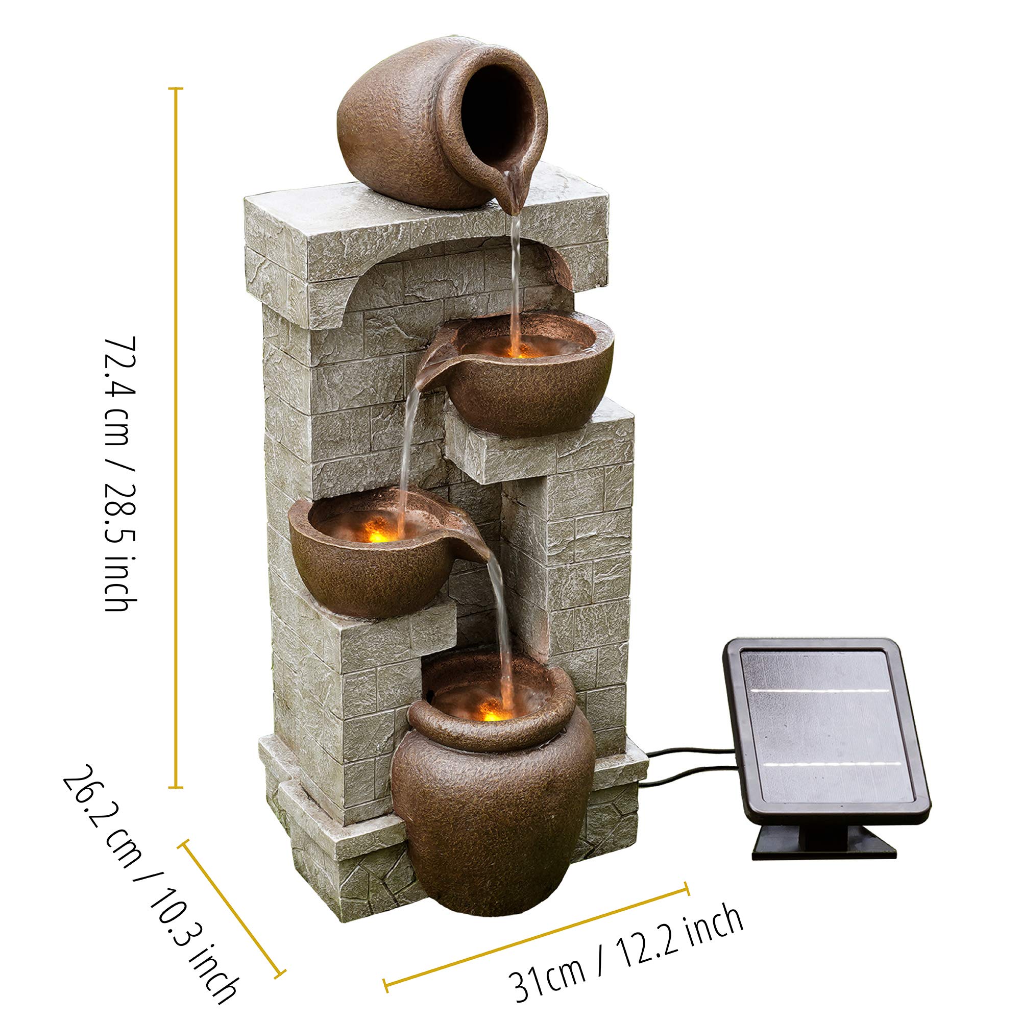 Teamson Home 28 in. Cascading Bowls and Stacked Stones LED Outdoor Water Fountain for Outdoor Living Spaces to Create a Calming Oasis in Gardens and Landscaping, on Patios, Balconies, Lawns, Brown