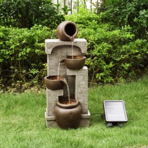 Teamson Home 28 in. Cascading Bowls and Stacked Stones LED Outdoor Water Fountain for Outdoor Living Spaces to Create a Calming Oasis in Gardens and Landscaping, on Patios, Balconies, Lawns, Brown