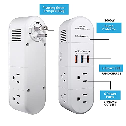 Swivel Power by Bell+Howell Power Strip Rapid Charging Station USB Outlet Extender with Surge Protection –180 Degree Swiveling Design with 6 Electrical Outlets 3 USB Ports As Seen On TV Set of 2