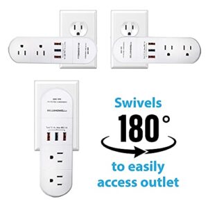 Swivel Power by Bell+Howell Power Strip Rapid Charging Station USB Outlet Extender with Surge Protection –180 Degree Swiveling Design with 6 Electrical Outlets 3 USB Ports As Seen On TV Set of 2