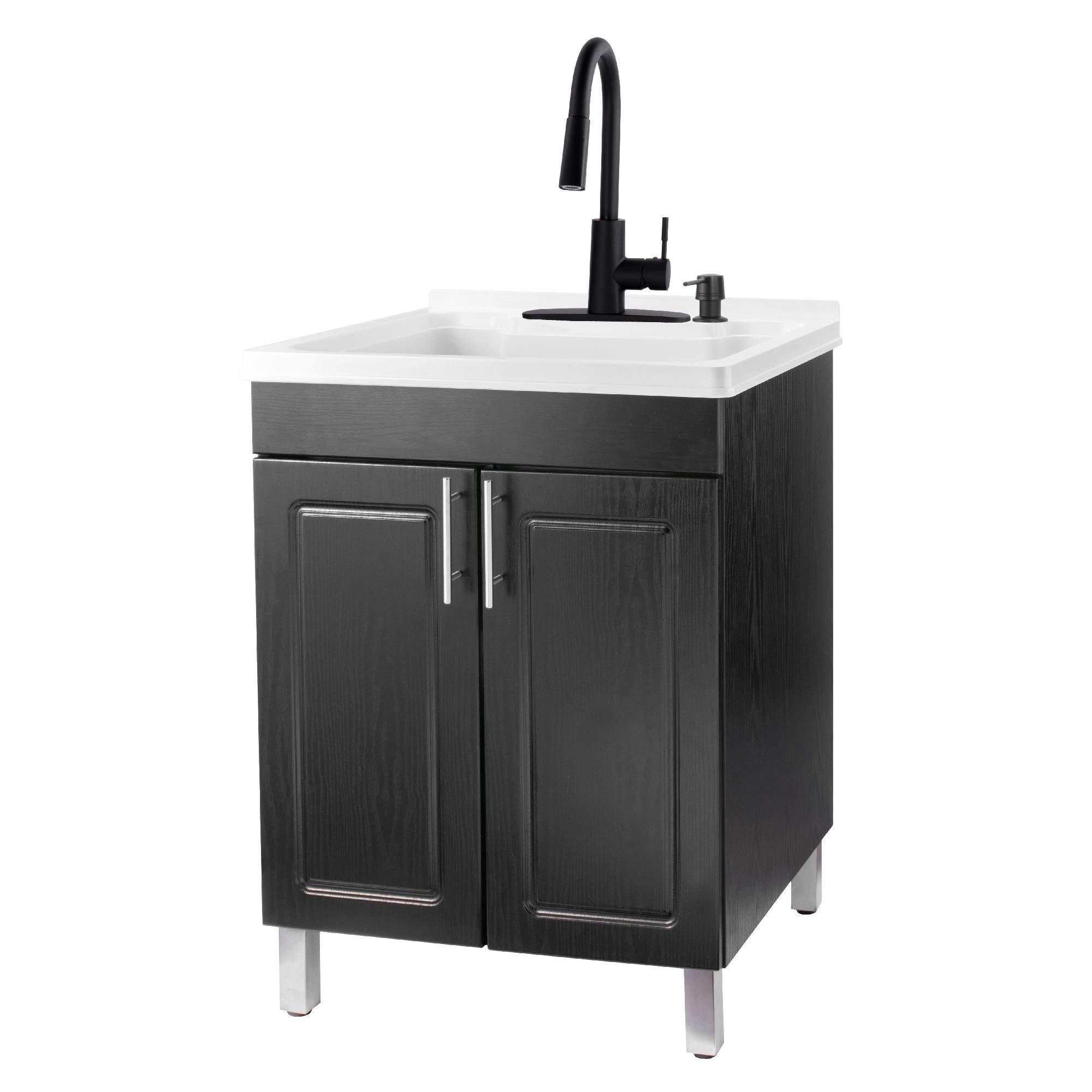 JS Jackson Supplies Black Utility Sink Vanity Cabinet with White Laundry Tub, Black High-Arc Pull-Down Sprayer Faucet for Laundry Room, Mudroom, Basement