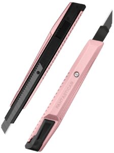 fantasticar 2-pack auto lock retractable utility knife, snap off safety cutter, with aluminium alloy grip, 60 degree and 30 degree blades, for precision trimming jobs (pink)