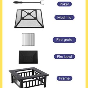 Outdoor Fire Pit,32 inch Square Metal Firepit for Patio Wood Burning Fireplace Garden Stove with Poker Mesh Cover,Charcoal Rack for Camping Picnic Bonfire Backyard