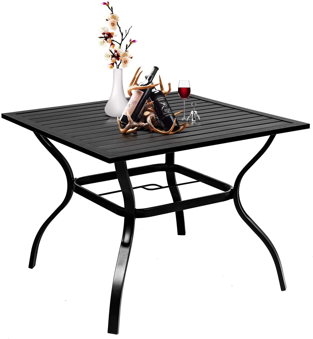 Omelaza 37" x 37" Patio Dining Table, Outdoor Square Bistro Metal Table with Steel Slat Table Top for Porch Deck Garden Backyard Poolside, 1.57" Umbrella Hole, Black